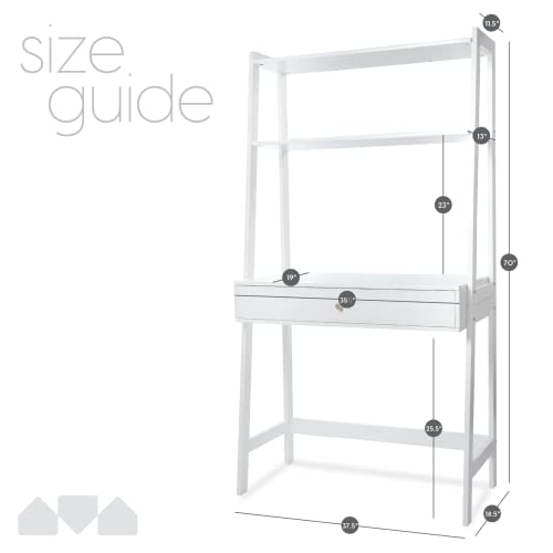 Milliard Ladder Desk with Storage, Freestanding Wall Computer Desk with Drawer and Shelves, White