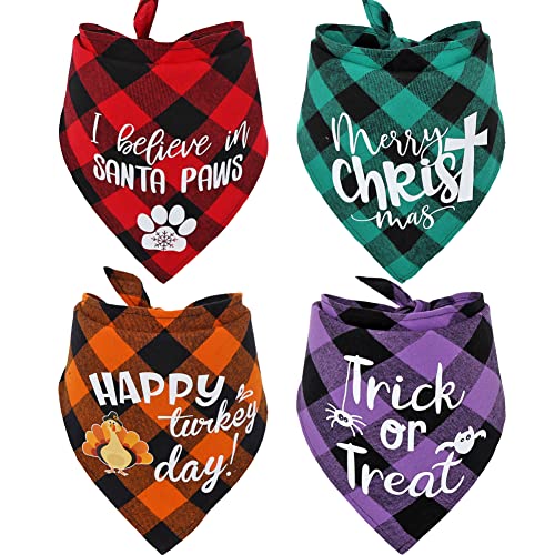 Halloween Thanksgiving Christmas Dog Plaid Bandana Triangle Bib Set Scarf Accessories Holiday for Pet Dogs Cats