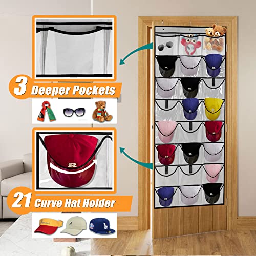 YOUHODA Hat Racks for Baseball Caps with Fixed Velcro, 24 Pockets Over-the-door Hat Organizer with 3 Hooks, 21 Curve Cap Holder & 3 Deep Storage Pockets, Gray