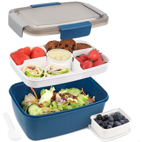 Bugucat Bento Box 64OZ, Lunch Box Salad Lunch Container with Yogurt Box and 4 Compartment Tray, Salad Bowl with Dressing Container, Built-in Reusable spoon Meal Prep to Go Containers for Fruit Snack