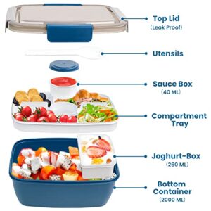 Bugucat Bento Box 64OZ, Lunch Box Salad Lunch Container with Yogurt Box and 4 Compartment Tray, Salad Bowl with Dressing Container, Built-in Reusable spoon Meal Prep to Go Containers for Fruit Snack