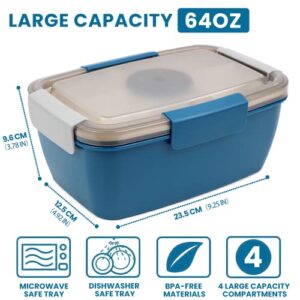 Bugucat Bento Box 64OZ, Lunch Box Salad Lunch Container with Yogurt Box and 4 Compartment Tray, Salad Bowl with Dressing Container, Built-in Reusable spoon Meal Prep to Go Containers for Fruit Snack