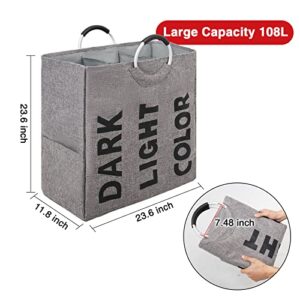 Laundry Basket 3 Section Dirty Clothes Laundry Sorter with Aluminum Handle Large Collapsible Laundry Hamper for Bathroom Bedroom, Grey