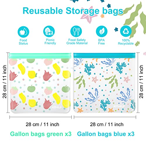 Reusable Gallon bags 6 PACK Extra Large Reusable Freezer Bags BPA Free Leakproof Plastic Bags Reusable Food Storage Bags Silicone Kids Snack Bags Reusable Ziplock Bags for Meal Prep, Travel Items