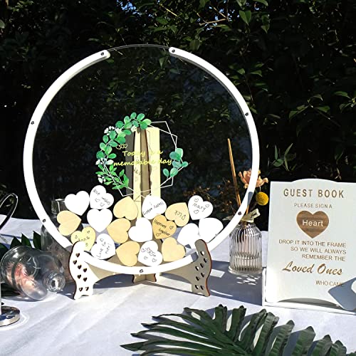 YEOOE Wedding Guest Book Alternative for Wedding Reception, Round Wooden Frame with 200 Sign Hearts, Rustic Decoration for Wedding, Baby Shower, Birthday Party (White)