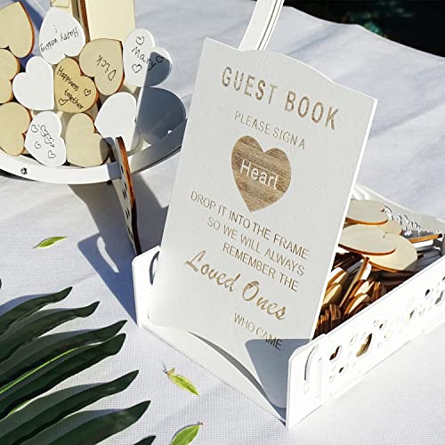 YEOOE Wedding Guest Book Alternative for Wedding Reception, Round Wooden Frame with 200 Sign Hearts, Rustic Decoration for Wedding, Baby Shower, Birthday Party (White)