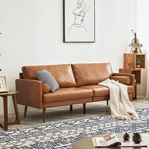 vonanda faux leather sofa couch, mid-century 73 inch 3 seater leather couch with hand-stitched comfort cushion and bolster pillows for living room,elegant cognac tan