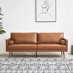 Vonanda Faux Leather Sofa Couch, Mid-Century 73 Inch 3 Seater Leather Couch with Hand-Stitched Comfort Cushion and Bolster Pillows for Living Room,Elegant Cognac Tan