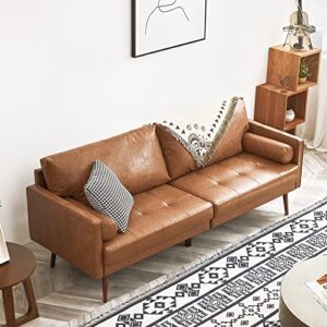 Vonanda Faux Leather Sofa Couch, Mid-Century 73 Inch 3 Seater Leather Couch with Hand-Stitched Comfort Cushion and Bolster Pillows for Living Room,Elegant Cognac Tan