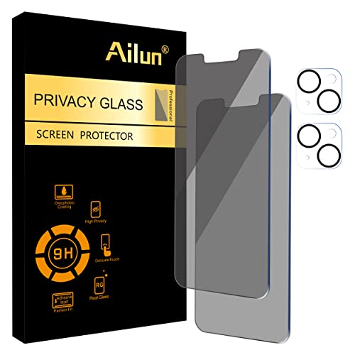 Ailun 2 Pack Privacy Screen Protector for iPhone 14[6.1 inch] + 2 Pack Camera Lens Protector, Anti Spy Private Tempered Glass Film, Case Friendly, [9H Hardness] - HD [Black] [4 Pack]