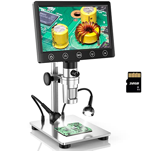 Elikliv EDM07 Industrial Microscope, 7" LCD Digital Microscope with Touch Button, 1200X Soldering Coin Microscope, Ultra-Bright LED Light, Metal Stand, 32GB SD Card Included, Windows/Mac Compatible