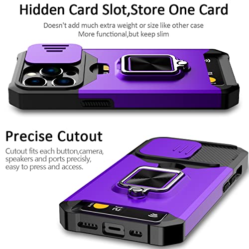 Nvollnoe for iPhone 14 Pro Case with Sliding Camera Cover and Card Holder Heavy Duty Protective iPhone 14 Pro Case with Ring Magnetic Kickstand Phone Case for iPhone 14 Pro 6.1 inch(Purple)