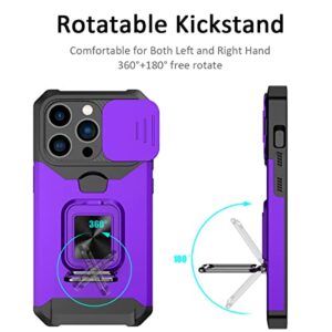 Nvollnoe for iPhone 14 Pro Case with Sliding Camera Cover and Card Holder Heavy Duty Protective iPhone 14 Pro Case with Ring Magnetic Kickstand Phone Case for iPhone 14 Pro 6.1 inch(Purple)