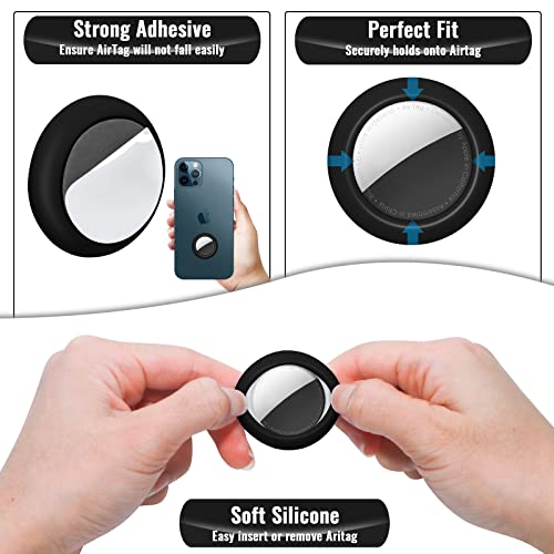 Adhesive Airtag Case, 4-Pack Black Silicone Protective Case for Air Tag Sticker Skin Cover Stick On TV Remote Wallet Car Bike Luggage Drone, Anti-Loss Sticky Airtag Mount Holder Accessories