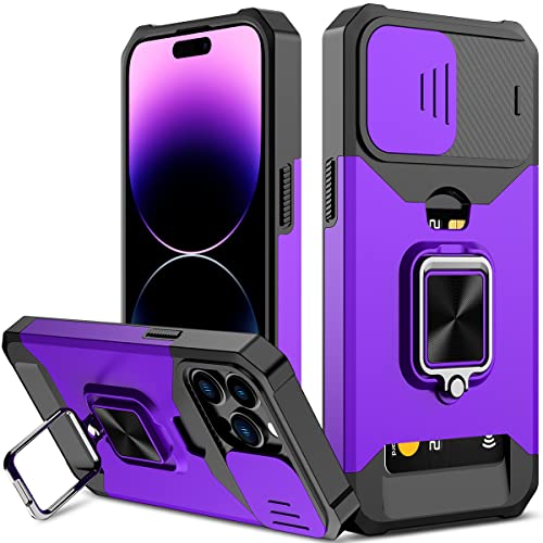 Nvollnoe for iPhone 14 Pro Max Case with Sliding Camera Cover and Card Holder Heavy Duty Protective iPhone 14 Pro Max Case with Ring Magnetic Kickstand Phone Case for iPhone 14 Pro Max(Purple)