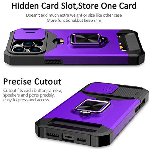 Nvollnoe for iPhone 14 Pro Max Case with Sliding Camera Cover and Card Holder Heavy Duty Protective iPhone 14 Pro Max Case with Ring Magnetic Kickstand Phone Case for iPhone 14 Pro Max(Purple)