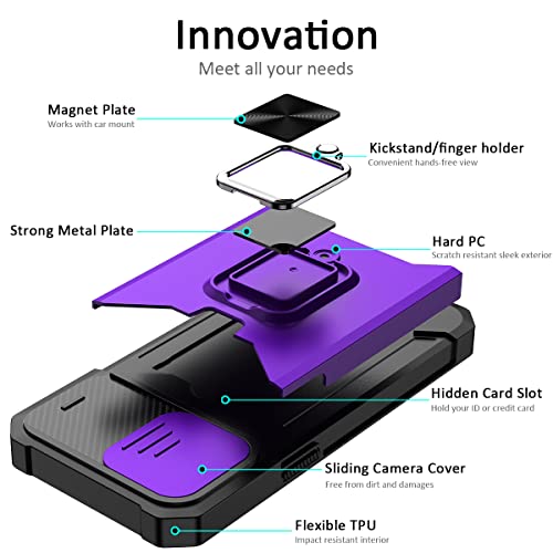 Nvollnoe for iPhone 14 Pro Max Case with Sliding Camera Cover and Card Holder Heavy Duty Protective iPhone 14 Pro Max Case with Ring Magnetic Kickstand Phone Case for iPhone 14 Pro Max(Purple)