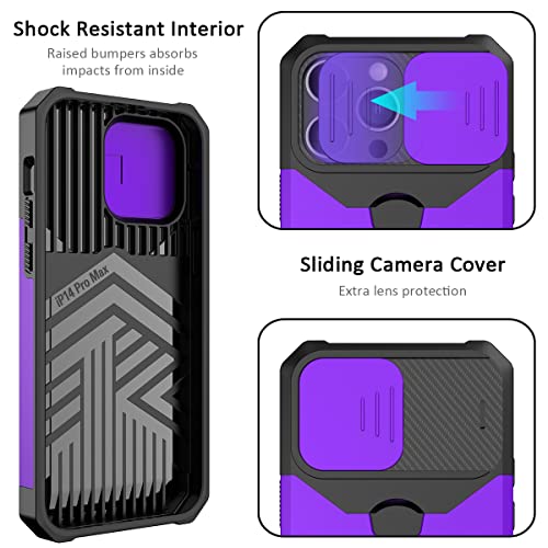 Nvollnoe for iPhone 14 Pro Max Case with Sliding Camera Cover and Card Holder Heavy Duty Protective iPhone 14 Pro Max Case with Ring Magnetic Kickstand Phone Case for iPhone 14 Pro Max(Purple)