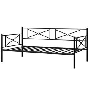 KOMFOTT Metal Daybed Frame, Twin Bed Frame with Steel Slats Support, Sofa Mattress Foundation with Headboard, No Box Spring Needed, Multifunctional Platform Bed Frame Fits Twin Mattress (Black)