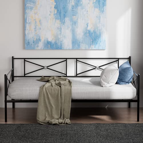 KOMFOTT Metal Daybed Frame, Twin Bed Frame with Steel Slats Support, Sofa Mattress Foundation with Headboard, No Box Spring Needed, Multifunctional Platform Bed Frame Fits Twin Mattress (Black)