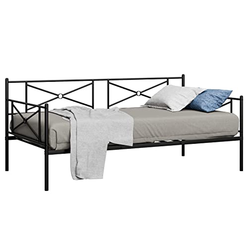 KOMFOTT Metal Daybed Frame, Twin Bed Frame with Steel Slats Support, Sofa Mattress Foundation with Headboard, No Box Spring Needed, Multifunctional Platform Bed Frame Fits Twin Mattress (Black)