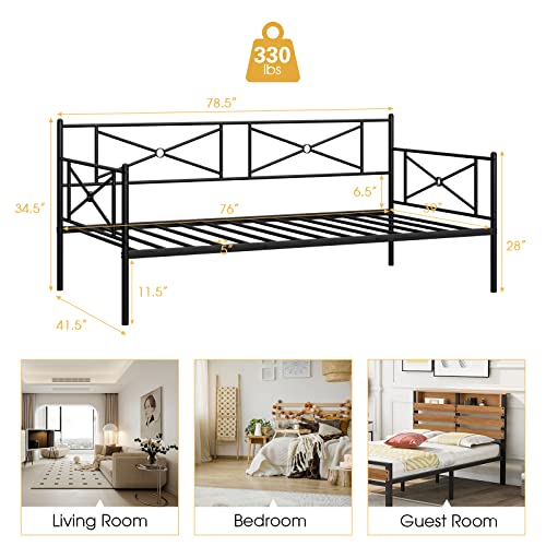 KOMFOTT Metal Daybed Frame, Twin Bed Frame with Steel Slats Support, Sofa Mattress Foundation with Headboard, No Box Spring Needed, Multifunctional Platform Bed Frame Fits Twin Mattress (Black)