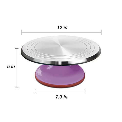 Aluminium Alloy Revolving Cake Stand 12 Inch Heavy Duty Aluminium Rotating Cake Turntable with Non-slipping Silicone Bottom Rotating Display Stand Cake Decorating Supplies (Purple)