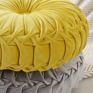 Round Throw Pillow Round Velvet Pillow Pleated Round Filled Pillow Home Decorative Throw Pillow Cushion for Couch Chair Bed Car Floor (35cm / 13.77inch, Yellow)