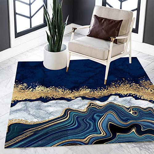 Rydowenna Navy Blue Gold Aesthetic Square Area Rug 8x8 Marble Pattern Modern Abstract Carpet for Living Room Bedroom Washable Soft Under Dining Coffee Table Retro Home Office Floor Covers Runner Mat