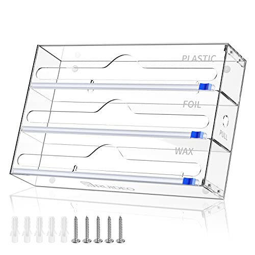 RUIDEO 3-in-1 Acrylic Plastic Wrap Dispenser with Cutter, Aluminum Foil and Plastic Wrap Organizer, Wax Paper and Saran Wrap Dispenser for Kitchen Drawer, Fits 13" Roll, Clear Magnetic Lid with"PULL"