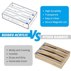 RUIDEO 3-in-1 Acrylic Plastic Wrap Dispenser with Cutter, Aluminum Foil and Plastic Wrap Organizer, Wax Paper and Saran Wrap Dispenser for Kitchen Drawer, Fits 13" Roll, Clear Magnetic Lid with"PULL"