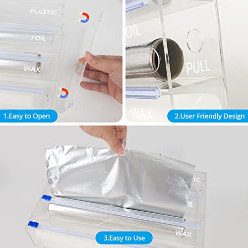 RUIDEO 3-in-1 Acrylic Plastic Wrap Dispenser with Cutter, Aluminum Foil and Plastic Wrap Organizer, Wax Paper and Saran Wrap Dispenser for Kitchen Drawer, Fits 13" Roll, Clear Magnetic Lid with"PULL"