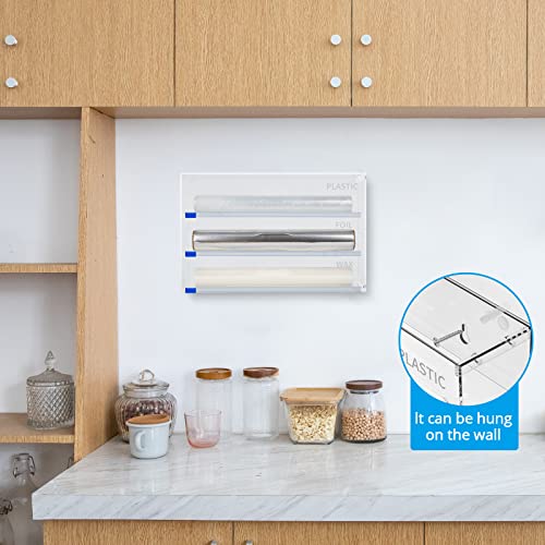 RUIDEO 3-in-1 Acrylic Plastic Wrap Dispenser with Cutter, Aluminum Foil and Plastic Wrap Organizer, Wax Paper and Saran Wrap Dispenser for Kitchen Drawer, Fits 13" Roll, Clear Magnetic Lid with"PULL"