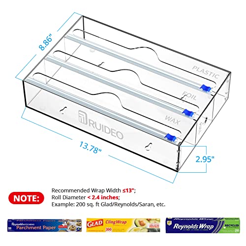 RUIDEO 3-in-1 Acrylic Plastic Wrap Dispenser with Cutter, Aluminum Foil and Plastic Wrap Organizer, Wax Paper and Saran Wrap Dispenser for Kitchen Drawer, Fits 13" Roll, Clear Magnetic Lid with"PULL"