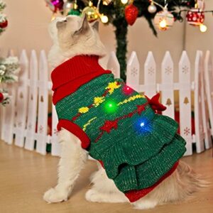 t2y cat christmas sweater - cat dog costume with led lights, turtleneck cat christmas outfit with leash holes, warm clothes for for kitten & puppy, gift for new year (extra small