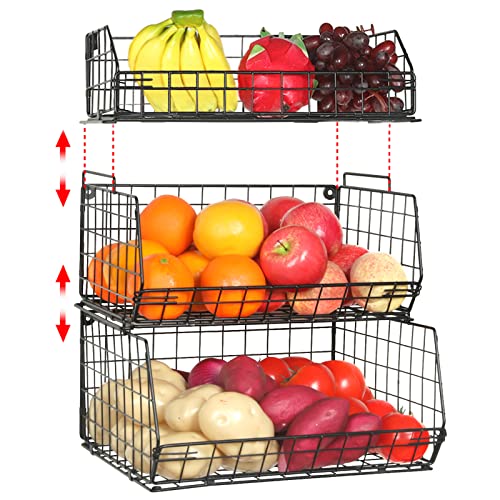 Fruit Vegetable Basket 3-Tier Stackable Fruit Bowl Wall-mounted Countertop Wire Storage Detachable Bin for Potato Onion Tomato Storage Kitchen Organizer Pantry Baskets Cabinet With Adjustable Feet