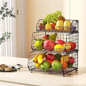 Fruit Vegetable Basket 3-Tier Stackable Fruit Bowl Wall-mounted Countertop Wire Storage Detachable Bin for Potato Onion Tomato Storage Kitchen Organizer Pantry Baskets Cabinet With Adjustable Feet