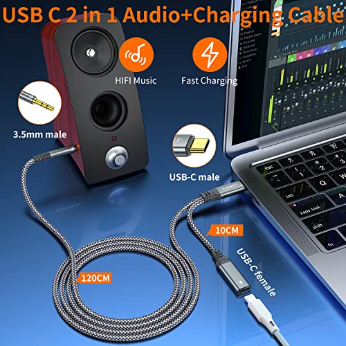 USB C to 3.5mm Audio Aux Jack Cable 4ft and Charger Adapter,2-in-1 USB C to Headphone Car Stereo Cord with PD 60W Fast Charging,for Samsung Galaxy S20 S21 S22 S23,Note 20 10 Ultra,Pixel 3 4,iPad Pro