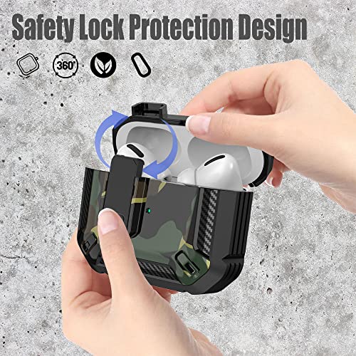 Smasener Compatible with AirPods 3 Case, Secure Lock Clip Full Body Shockproof Rugged Shell Protective Case Cover with Keychain for airpods 3rd generation case for men Women (Black + Camouflage Green)