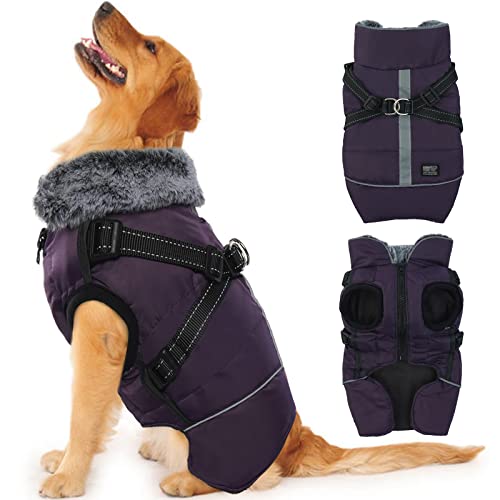 BRKURLEG Purple Dog Coat with Harness Detachable,Small Medium Large Dog Winter Clothes with Furry Collar,Pet Warm Snow Suit Jacket with Reflective,Waterproof Cold Weather Doggy Fleece Cozy Vest Hiking