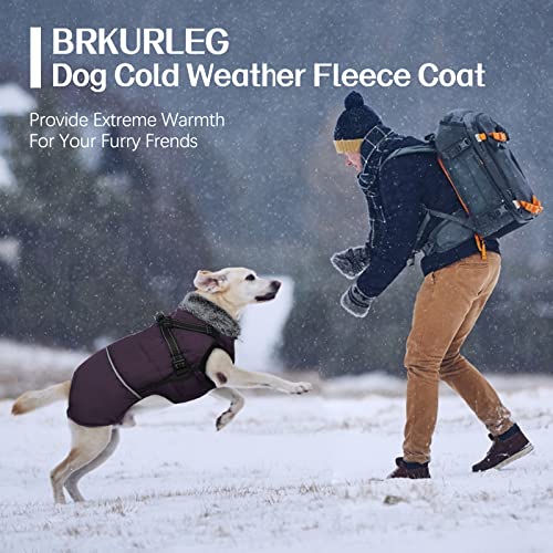 BRKURLEG Purple Dog Coat with Harness Detachable,Small Medium Large Dog Winter Clothes with Furry Collar,Pet Warm Snow Suit Jacket with Reflective,Waterproof Cold Weather Doggy Fleece Cozy Vest Hiking