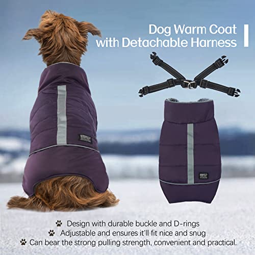 BRKURLEG Purple Dog Coat with Harness Detachable,Small Medium Large Dog Winter Clothes with Furry Collar,Pet Warm Snow Suit Jacket with Reflective,Waterproof Cold Weather Doggy Fleece Cozy Vest Hiking