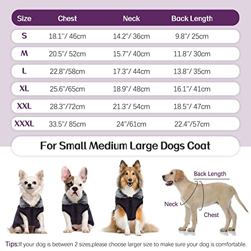 BRKURLEG Purple Dog Coat with Harness Detachable,Small Medium Large Dog Winter Clothes with Furry Collar,Pet Warm Snow Suit Jacket with Reflective,Waterproof Cold Weather Doggy Fleece Cozy Vest Hiking