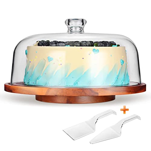 WEHOME Rotating Cake Stand with Dome，Acacia Wood with Acrylic Lid,Revolving Cake Diaplay Plate Holder with Clear Cake Cover for Cakes，Cupcakes，Pastries,Cookies,Desserts&etc.