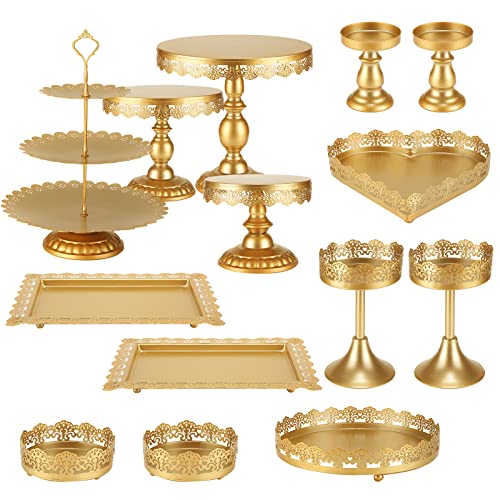 Potchen 14 Pcs Cake Stand Round Cupcake Tower Dessert Table Display Set Metal Cup Tier Antique Plate Candy Decorations for Party Tray Wedding Birthday Celebration (Gold)