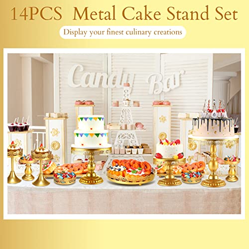 Potchen 14 Pcs Cake Stand Round Cupcake Tower Dessert Table Display Set Metal Cup Tier Antique Plate Candy Decorations for Party Tray Wedding Birthday Celebration (Gold)