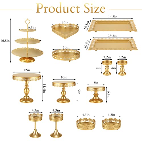 Potchen 14 Pcs Cake Stand Round Cupcake Tower Dessert Table Display Set Metal Cup Tier Antique Plate Candy Decorations for Party Tray Wedding Birthday Celebration (Gold)