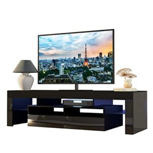 SUSSURRO LED TV Stand for 60/65/70 inch TV, Modern Gloss Entertainment Center with Drawer and Glass Open Shelf, Television Table Center Media Console for Living Room Bedroom， Black