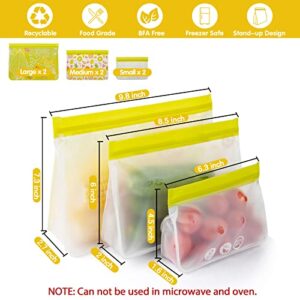 Reusable Food Storage Bags, 6-Pack Leakproof Reusable Freezer Bags-2 Large Bags/2 Reusable Sandwich Bags/2 Reusable Snack Bags, Reusable Ziplock Bags for Food (6 Pack)