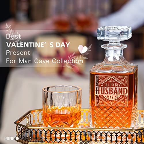 PONPUR Gifts for Men Him Husband from Wife, Whiskey Decanter Set with 2 Whisky Glasses, Unique Anniversary Birthday Gift for Husband, Cool Christmas Presents for Scotch Bourbon Lovers